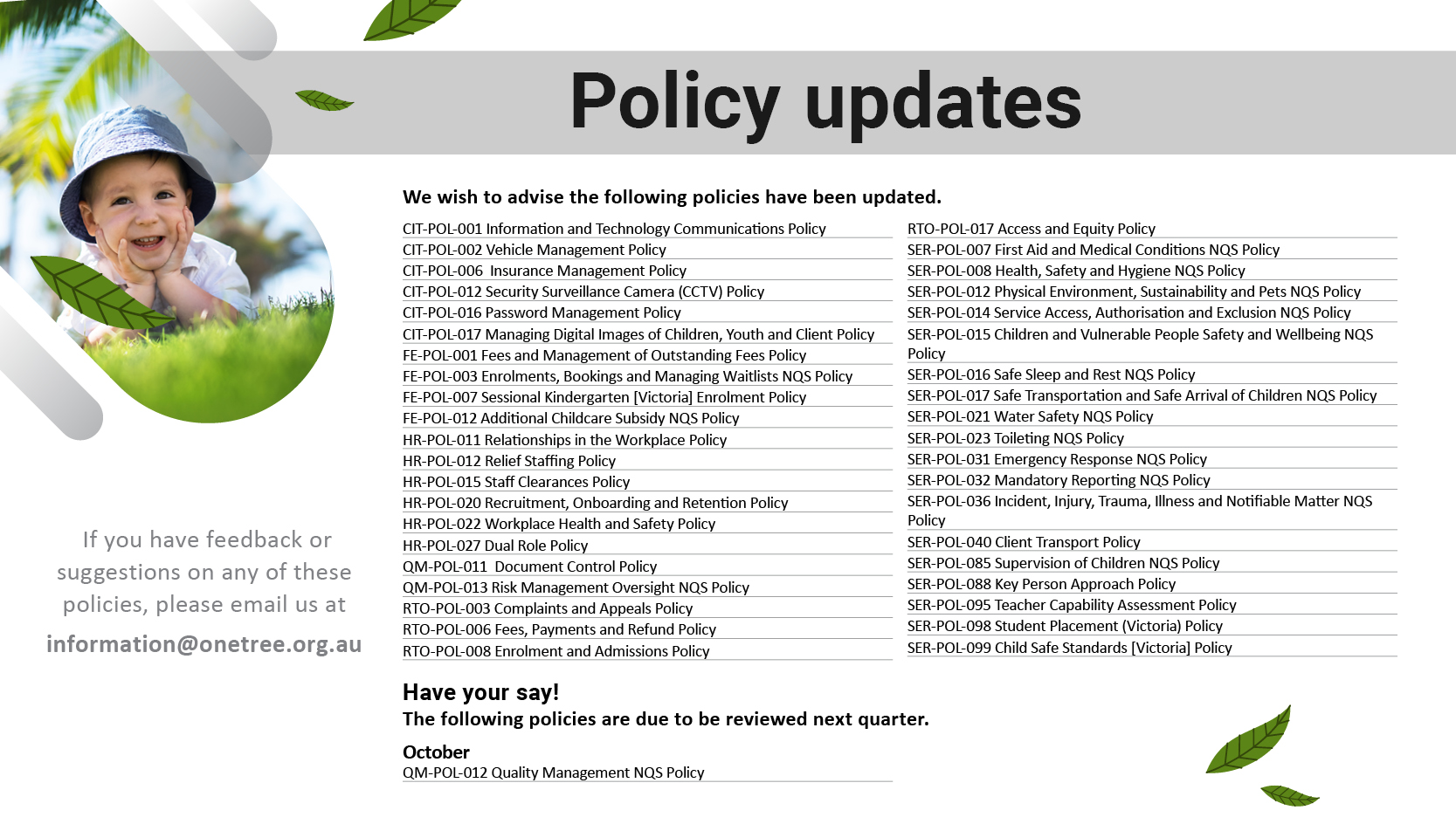 Policy updates - One Tree